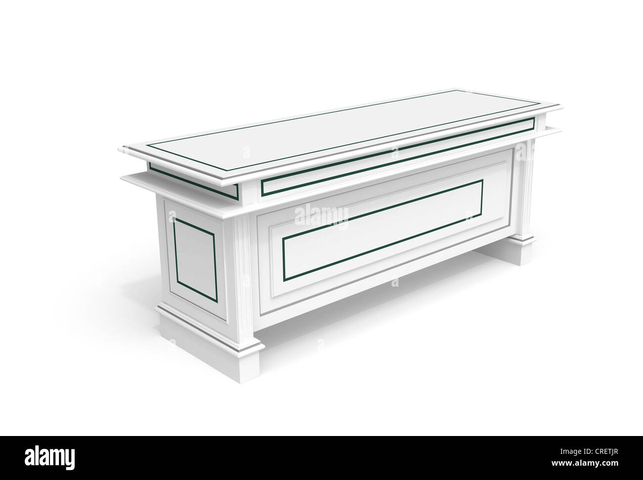 White wooden writing table, front side view isolated on white with soft ...