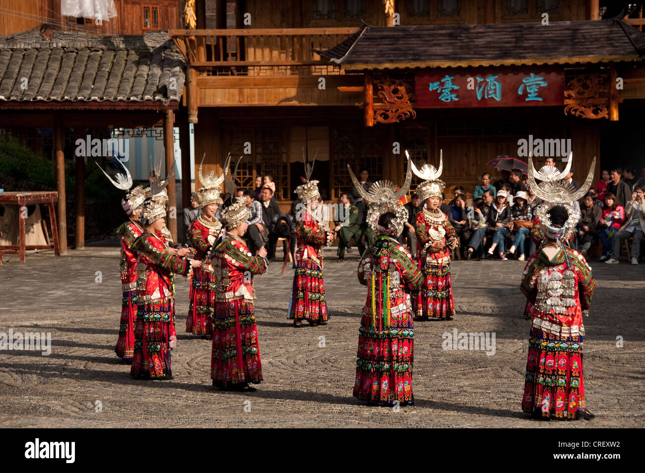 Miao dancers with traditional costumes, Xijiang Miao village, China ...