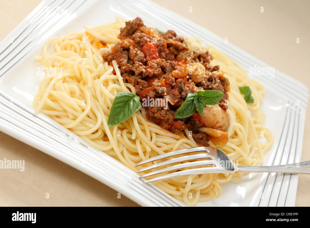 Plate of spaghetti with a herb-flavoured tomato sauce, topped with ...