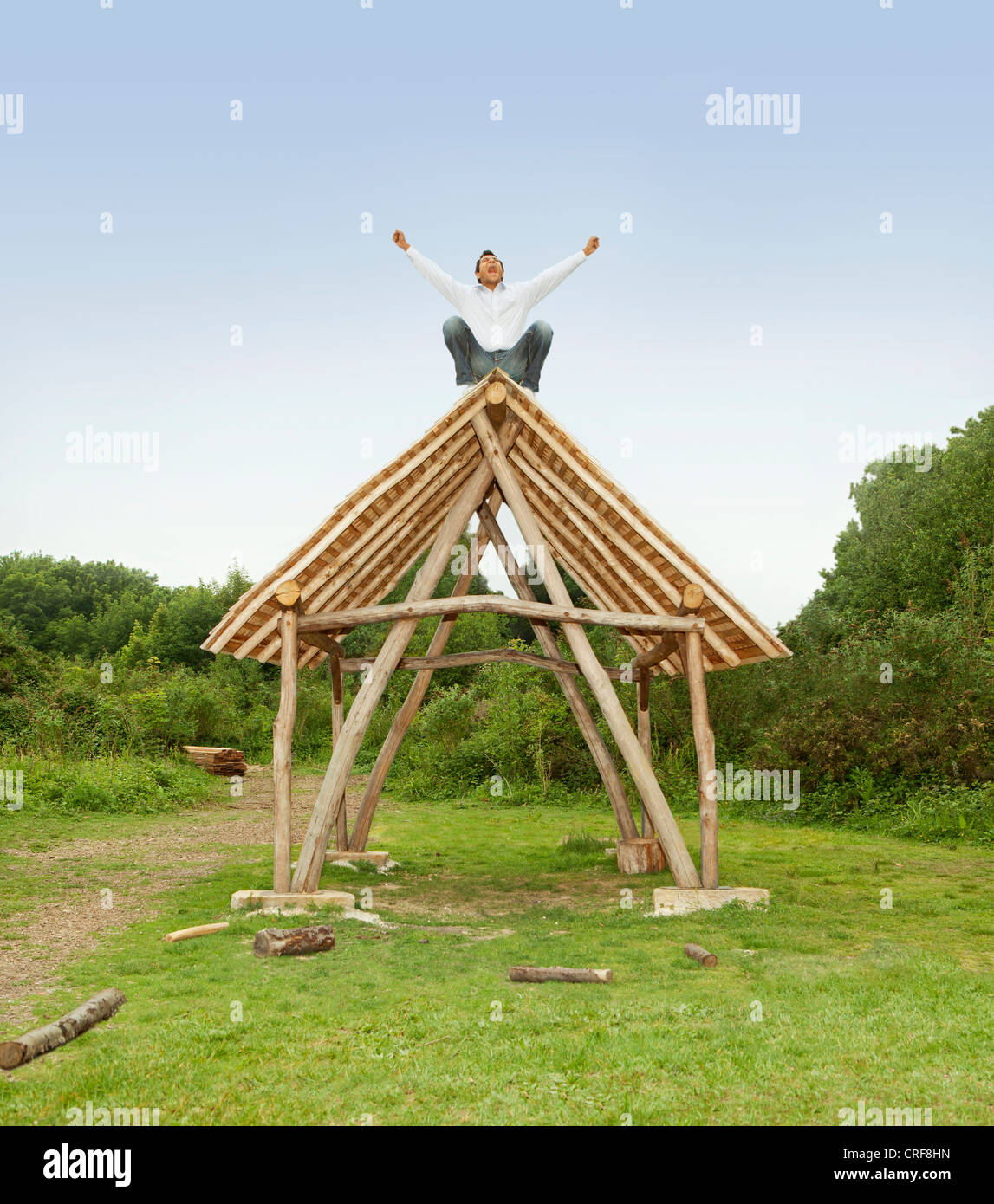 Man cheering on roof of log hut Stock Photo - Alamy