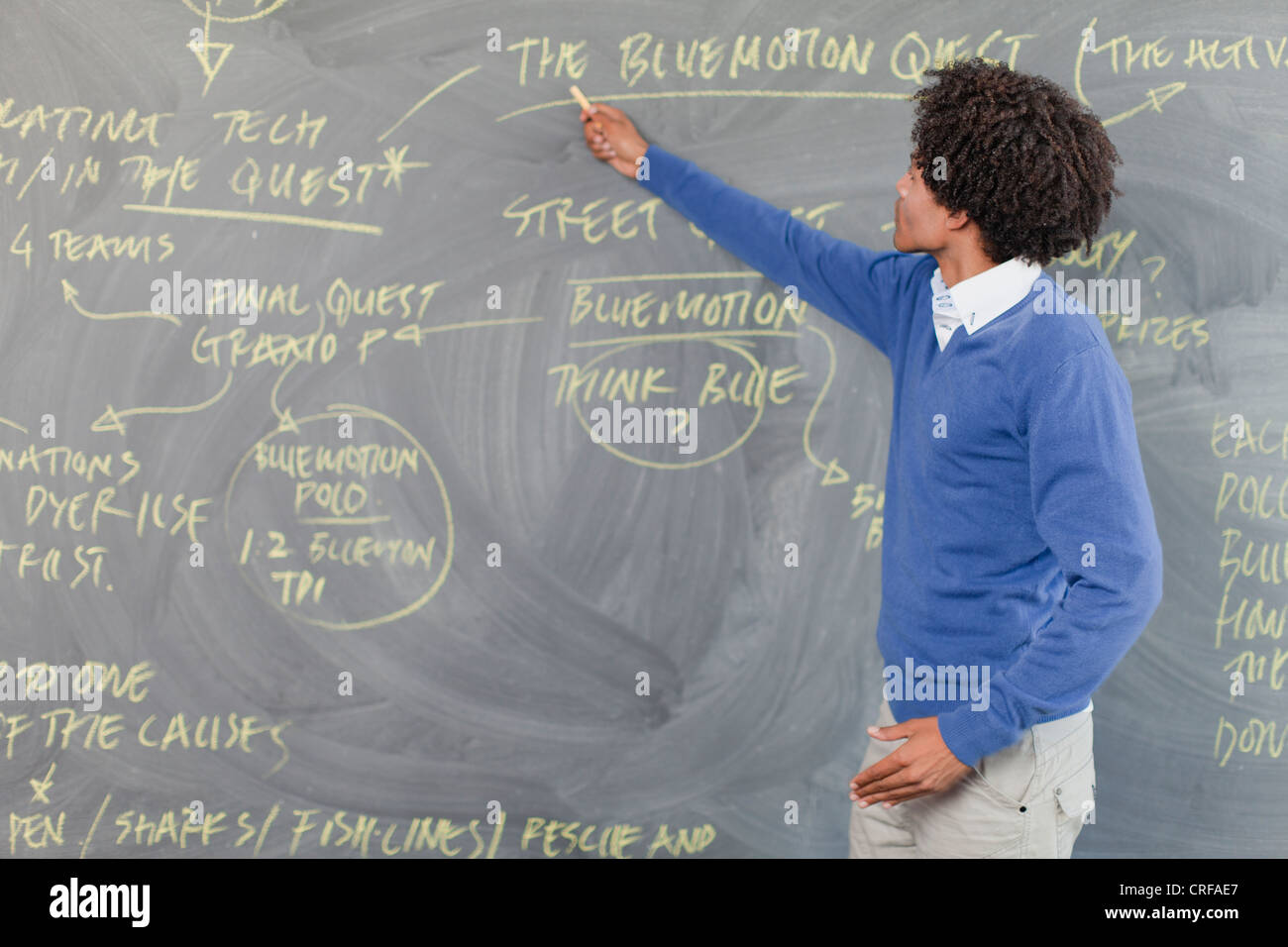 Teacher pointing to chalkboard Stock Photo - Alamy