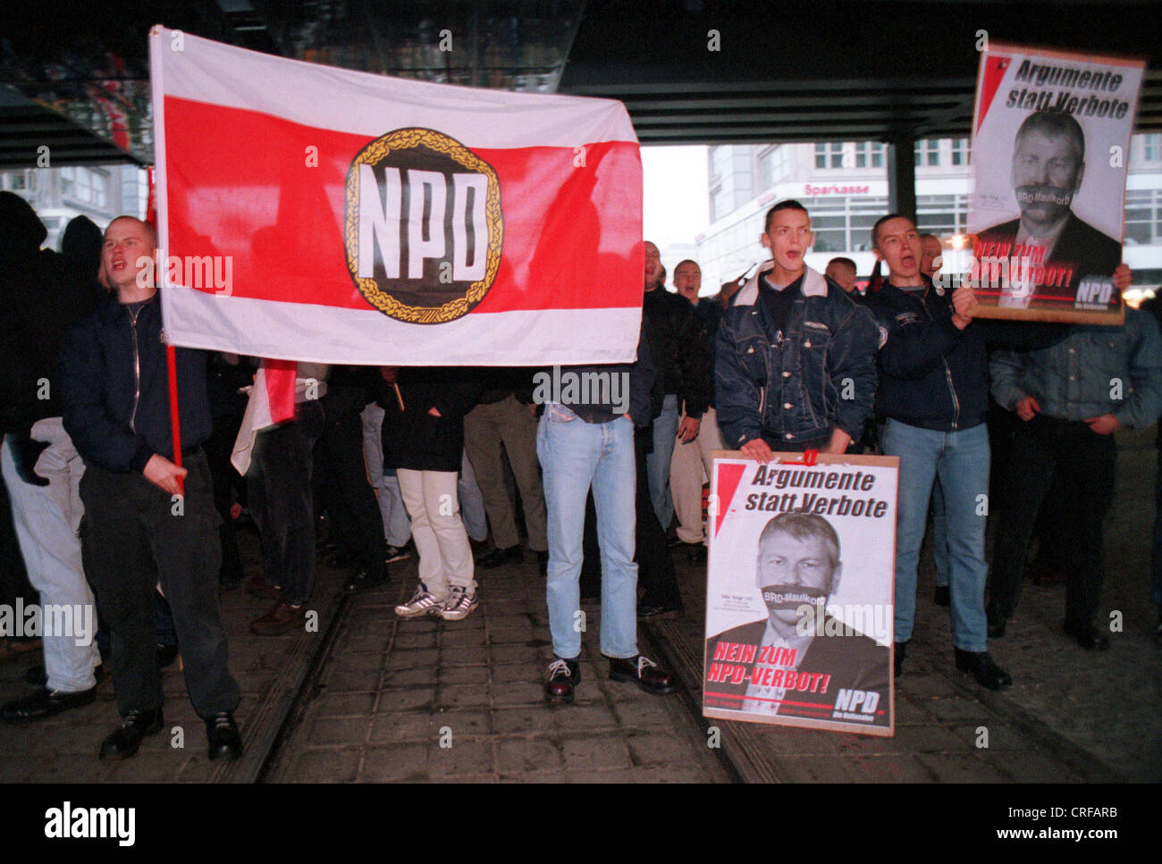 Berlin, Germany, demonstrators with placards and NPD flag Stock Photo ...