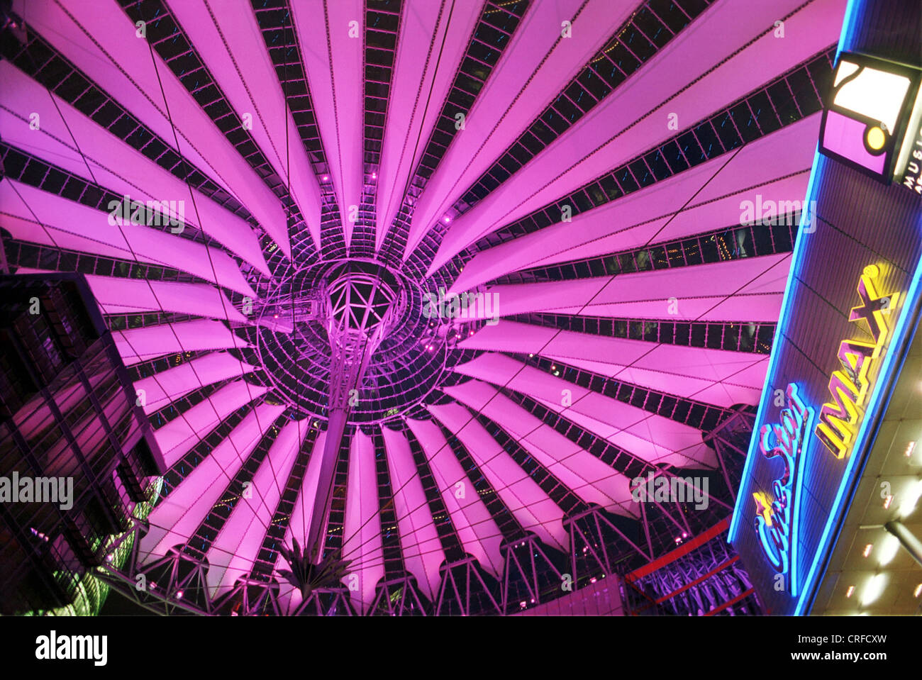 Violet illuminated Sony Centre dome and iMax evening, Berlin, Germany ...