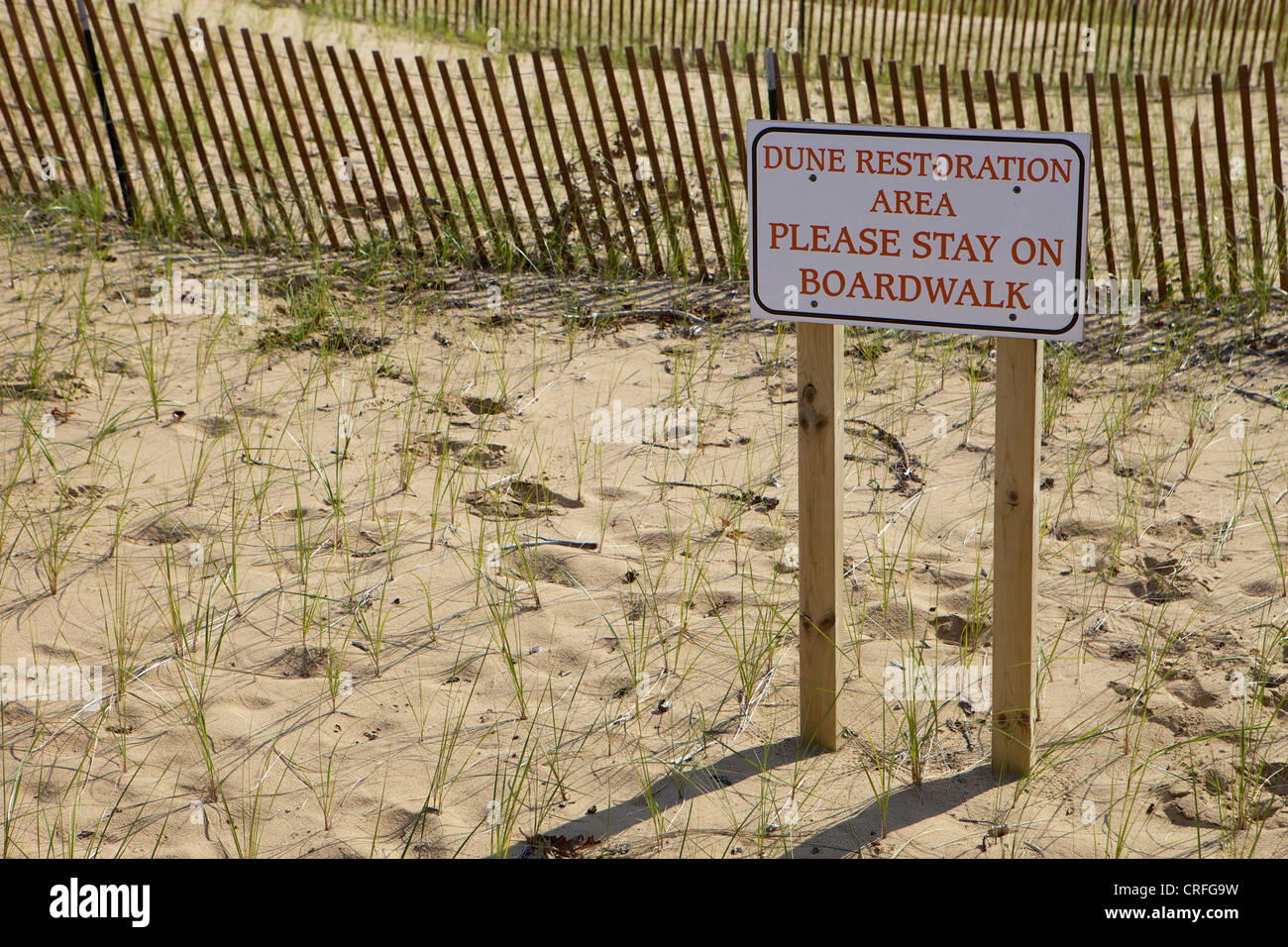 Dune Restoration Area sign Stock Photo - Alamy