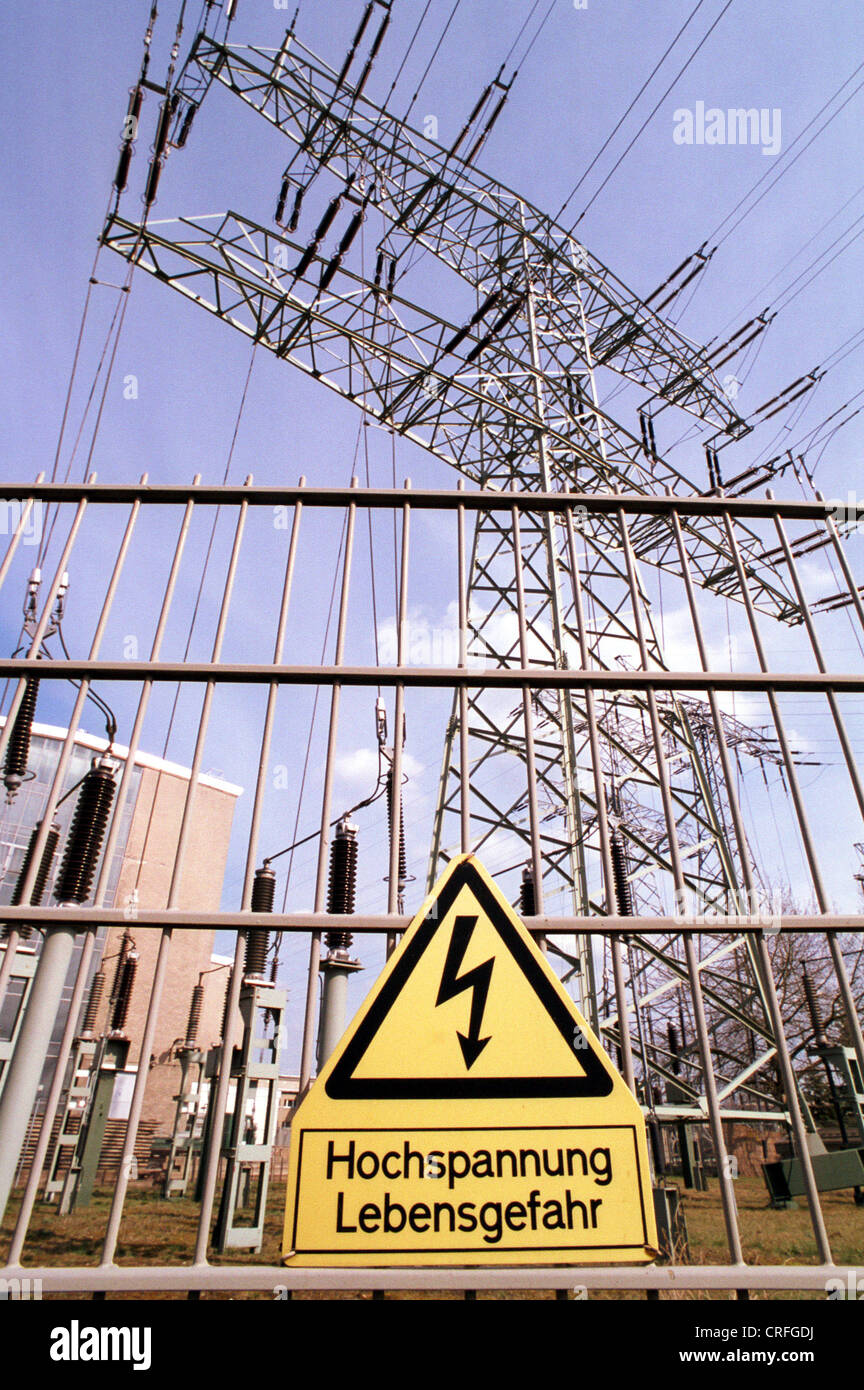 Berlin, Germany, pylon with warning Stock Photo - Alamy