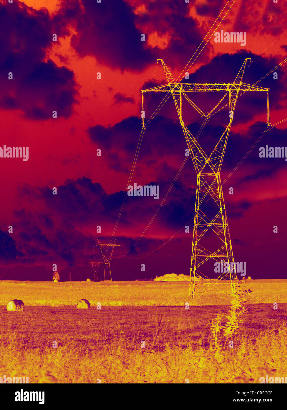 Silhouette of electricity pylon after the solar storm effect Stock ...