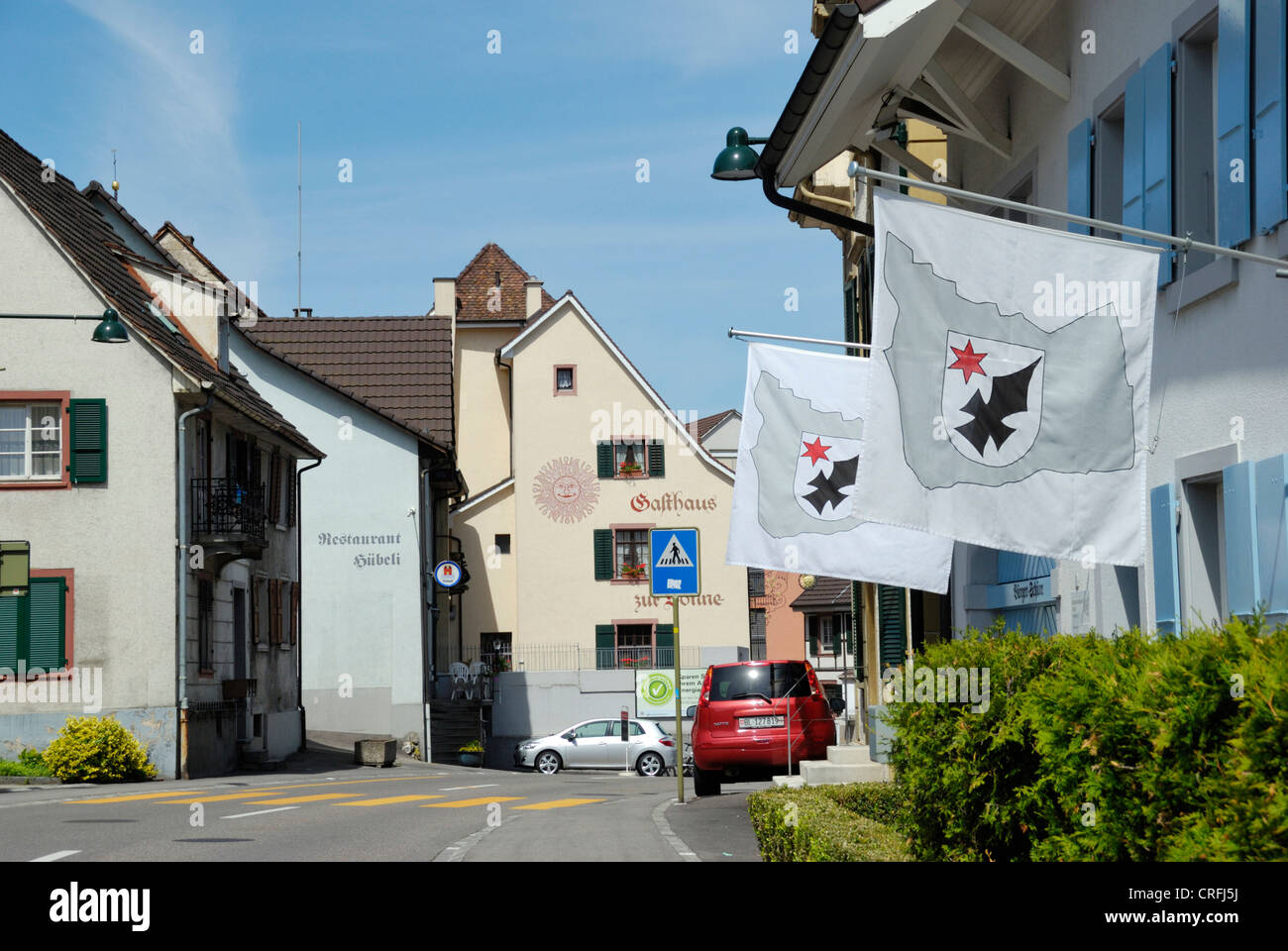 The main high street in the village of Aesch near Basel, Switzerland ...