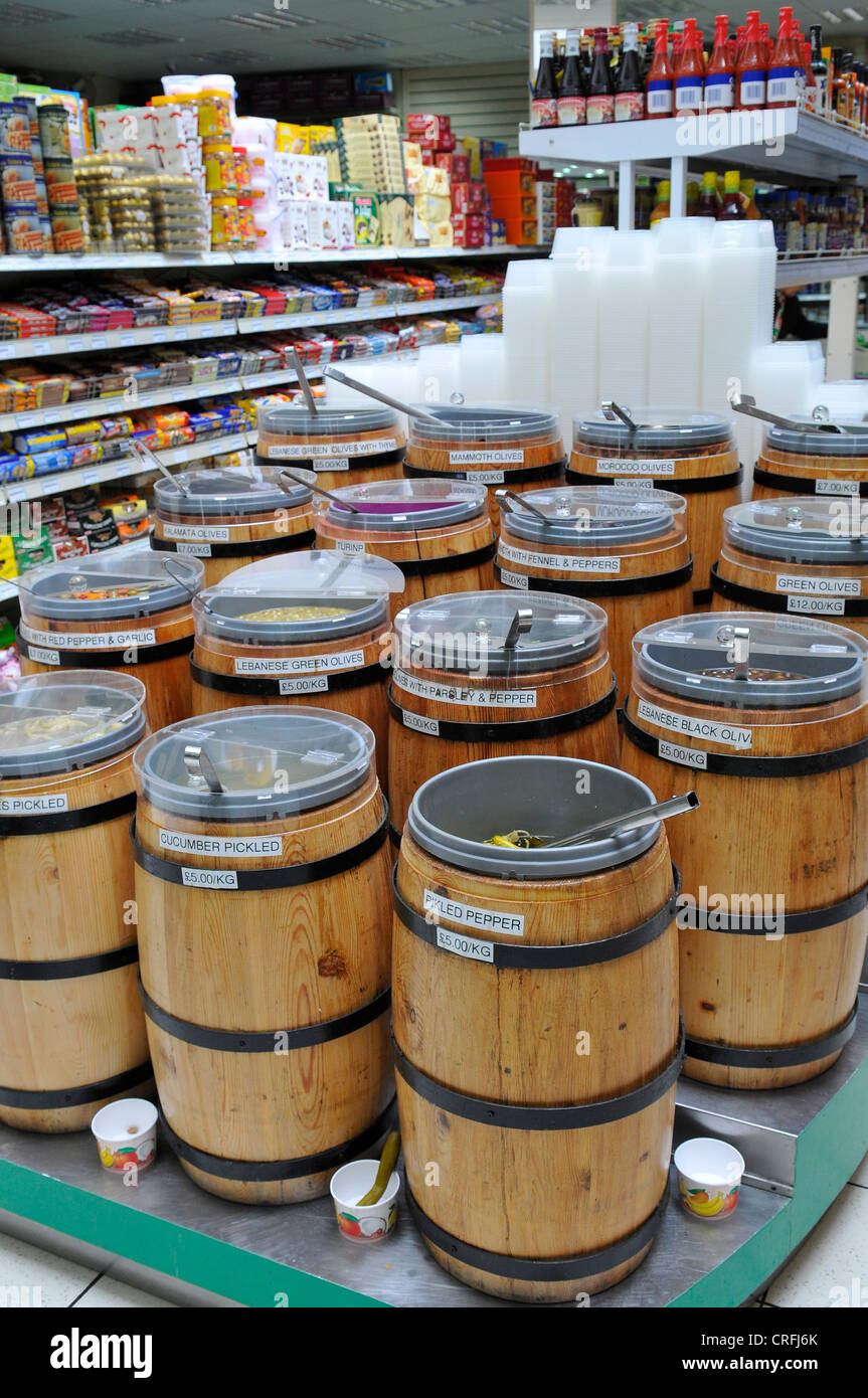 Barrels of Olives at Green Valley Lebanese Supermarket, London Stock ...