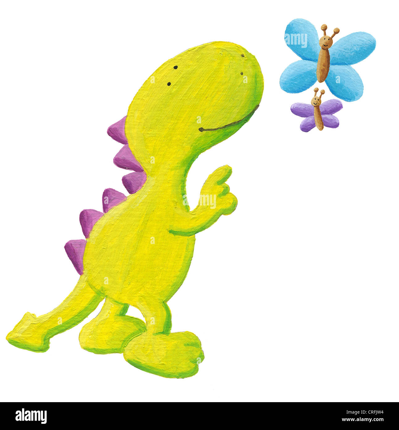 Acrylic illustration of cute dragon pointing butterflies Stock Photo ...