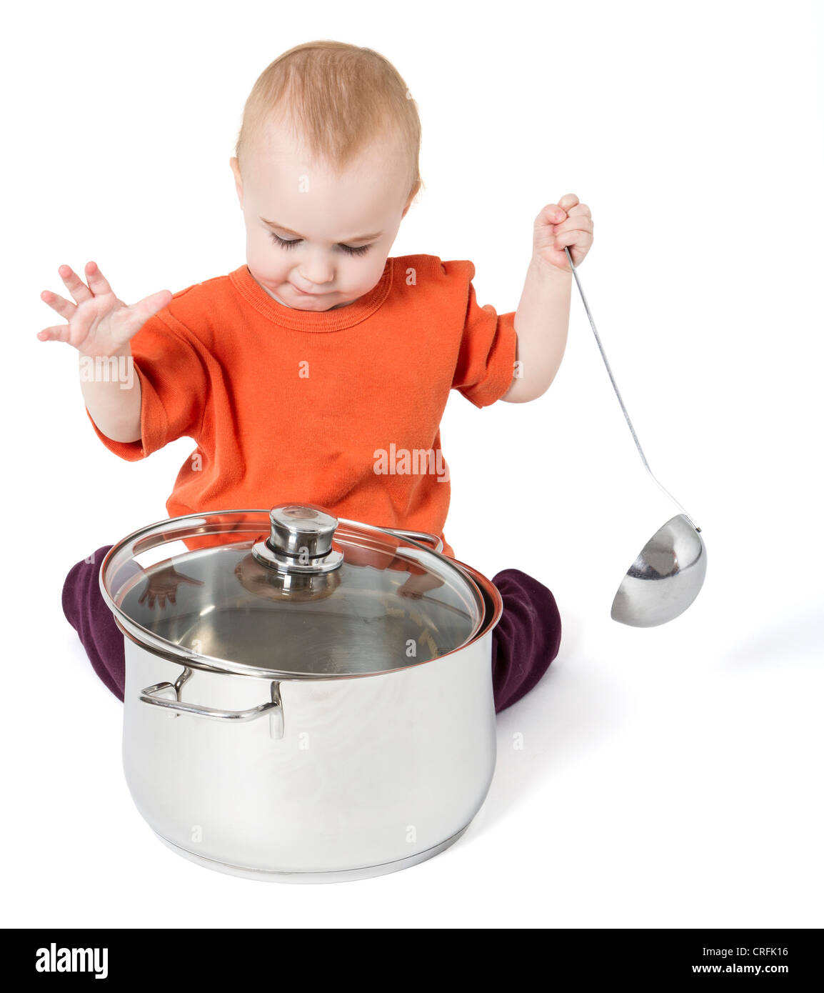 baby with big cooking pot isolated on white background Stock Photo - Alamy