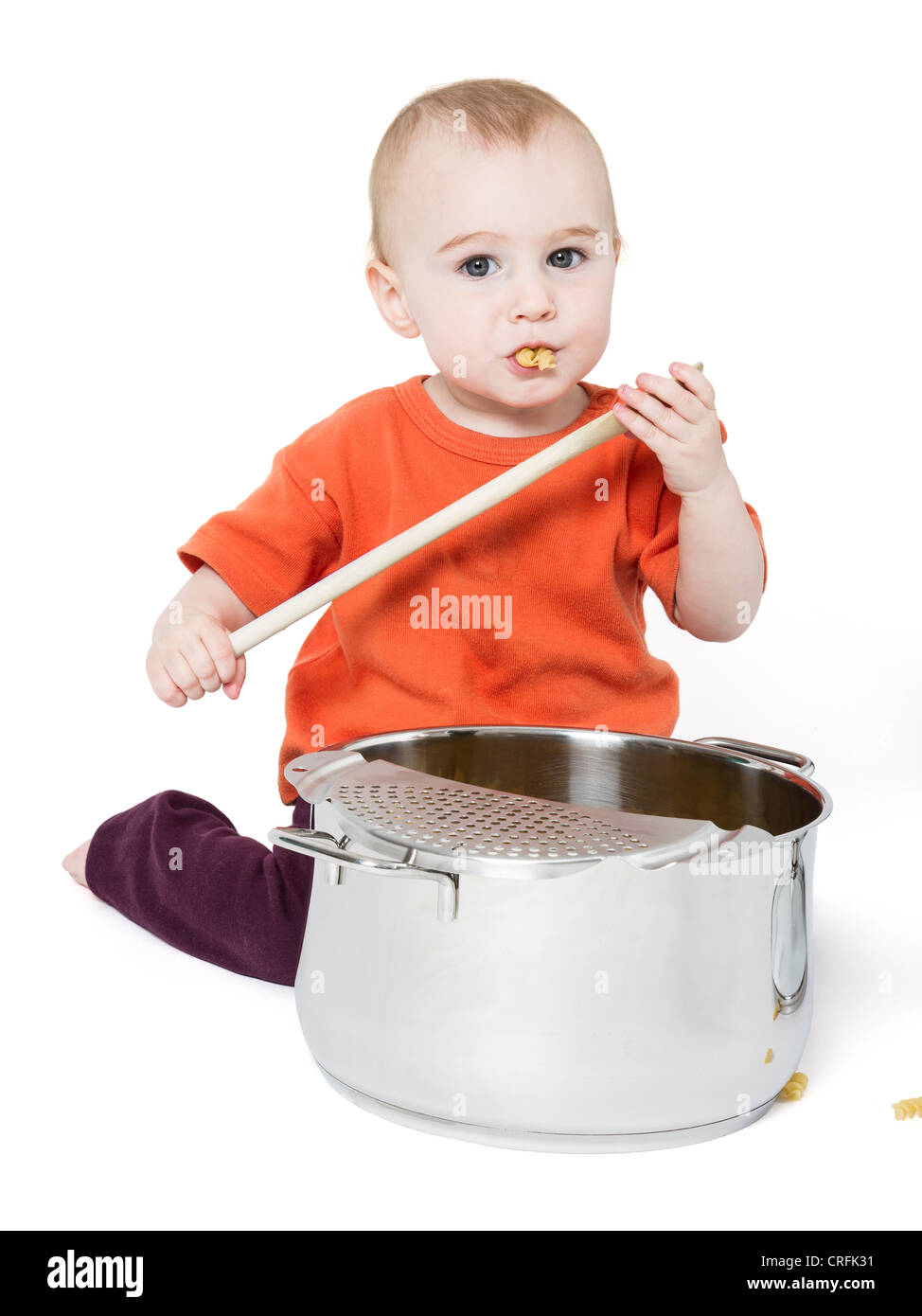 baby with big cooking pot isolated on white background Stock Photo - Alamy