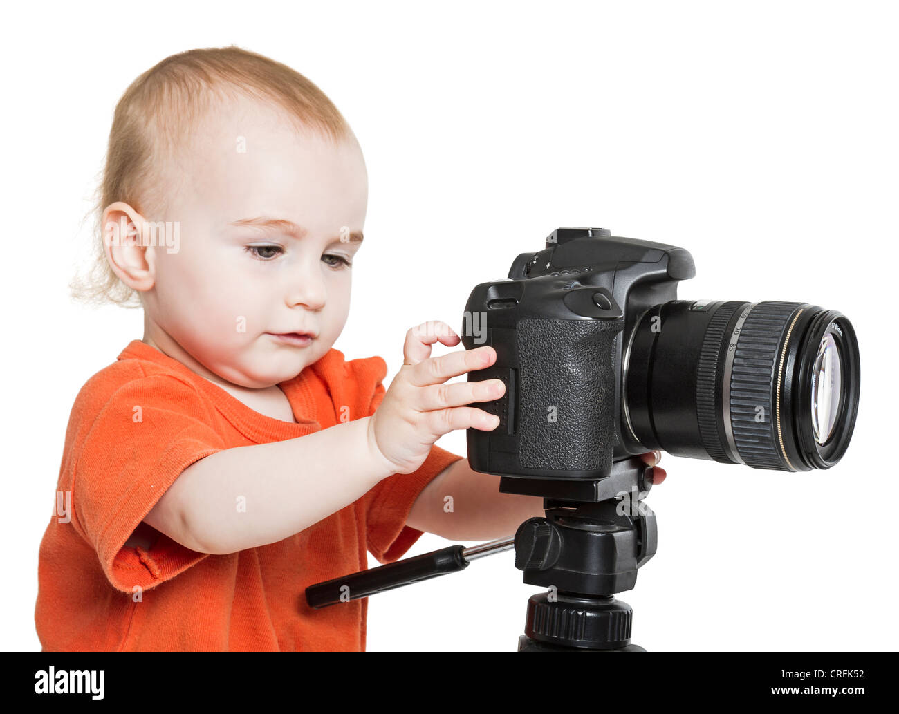 young child with digital SLR camera isolated on white background Stock ...