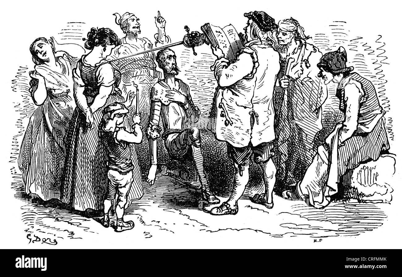 Don Quixote is dubbed a knight. Illustration by Gustave Dore from Don ...