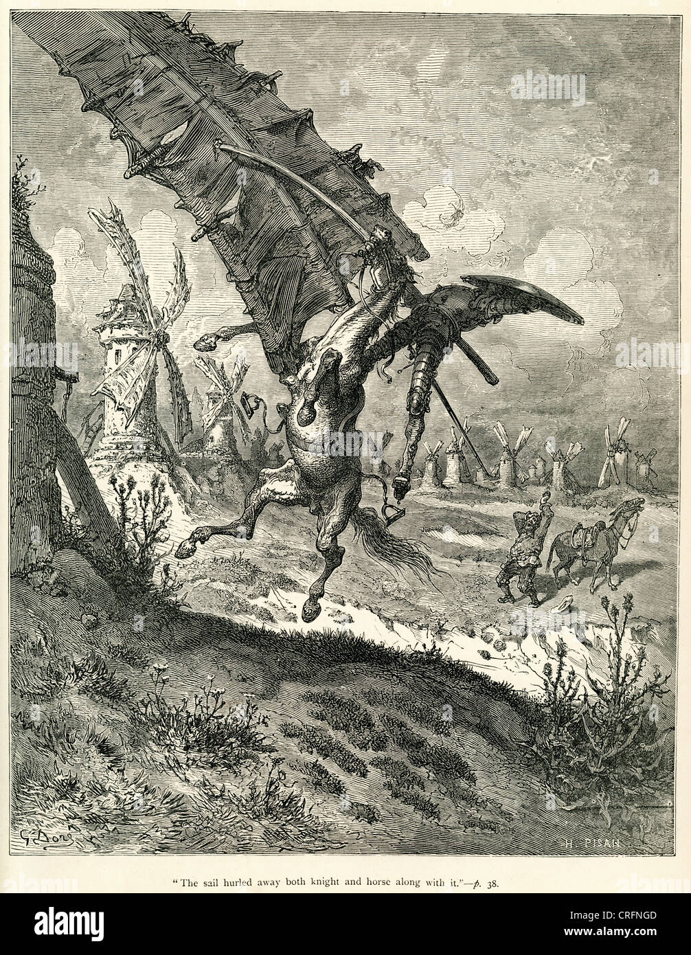 Don Quixote tilting at Windmills. Illustration by Gustave Dore from Don ...