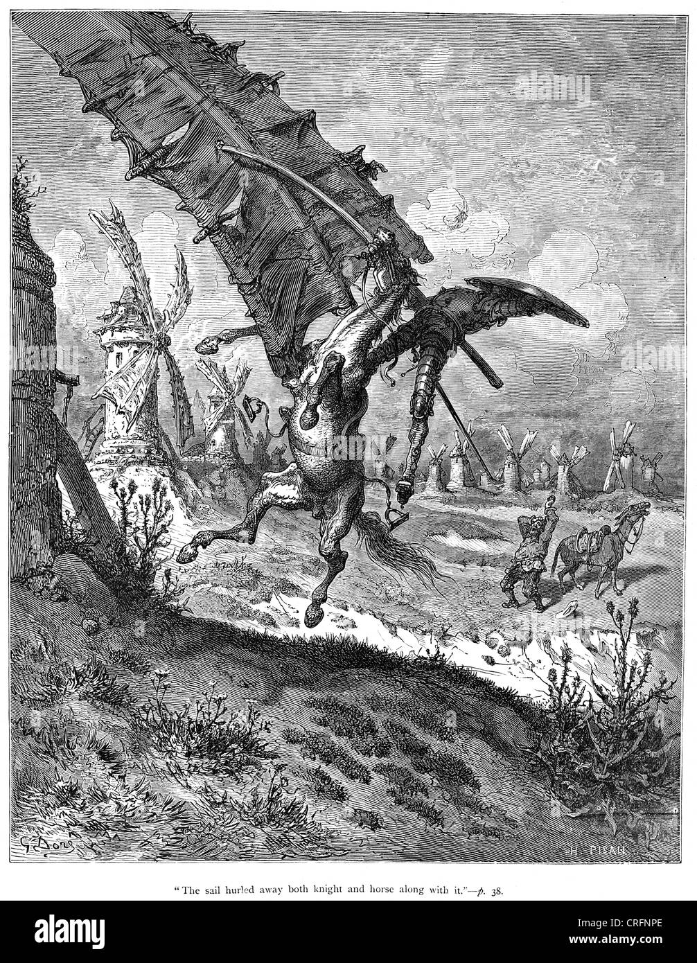 Don Quixote tilting at Windmills. Illustration by Gustave Dore from Don ...