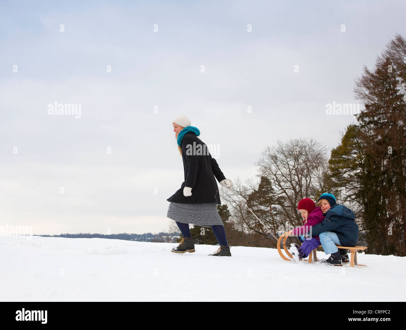 Mother pulling children on sled in snow Stock Photo - Alamy