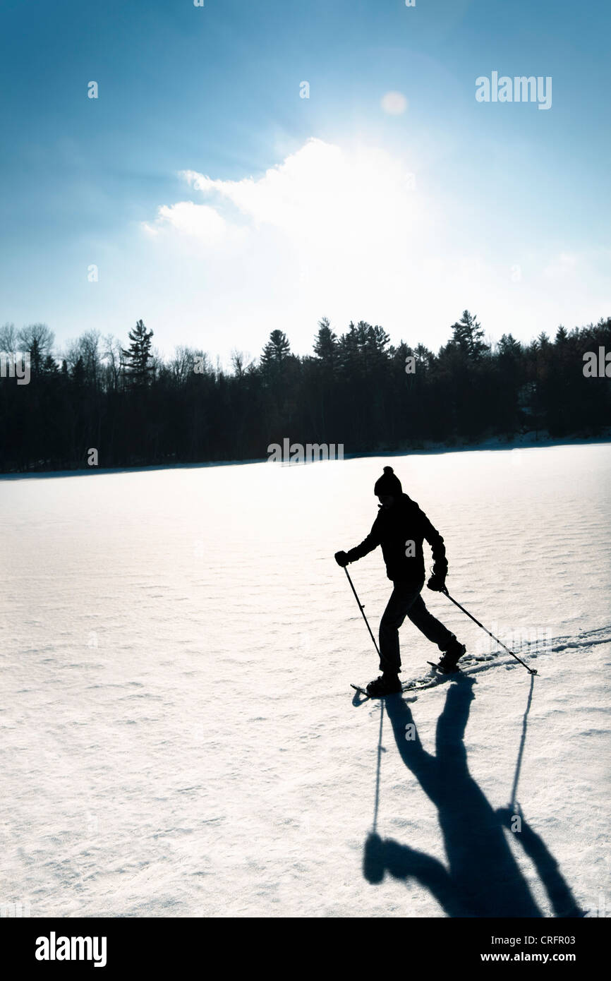 Cross country skier on snowy field Stock Photo - Alamy