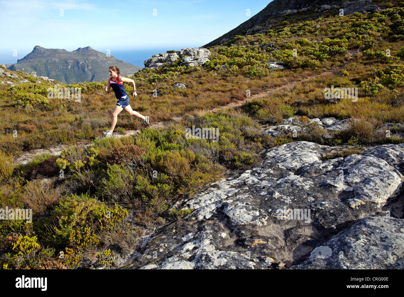 A female trailrunner in Table Mountain National Park. Cape Town, South ...