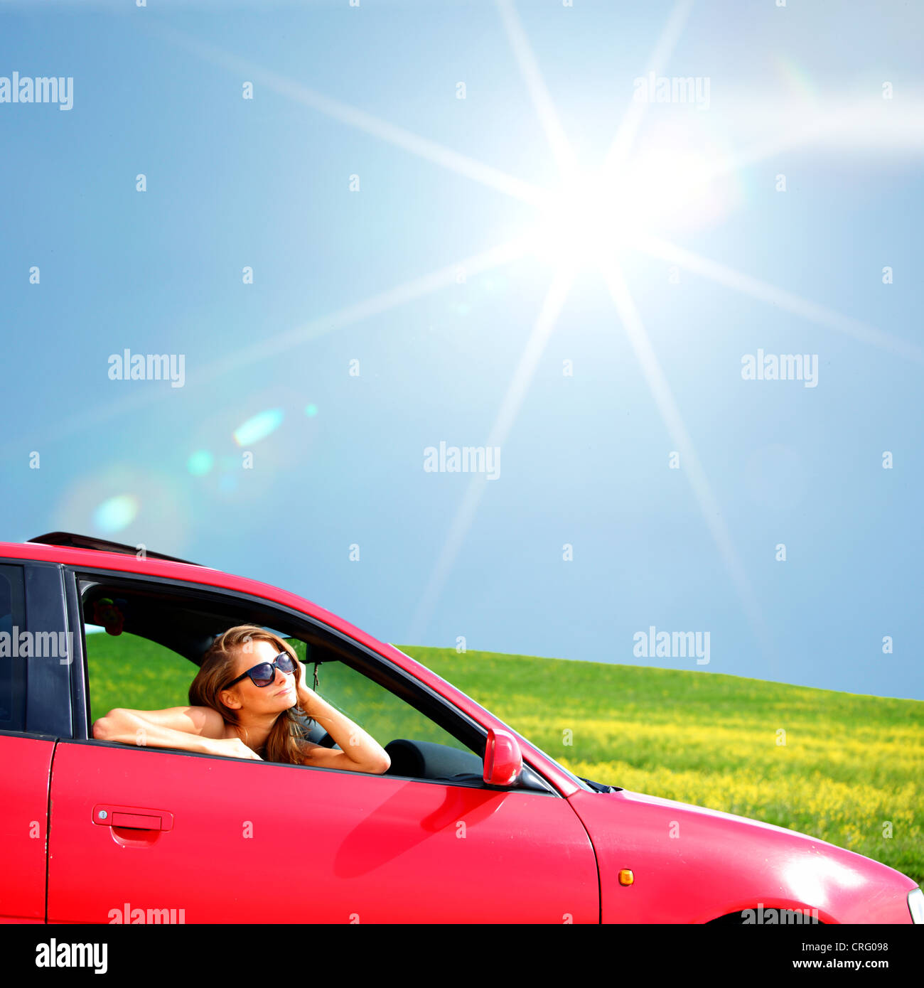 woman in red car get out window Stock Photo - Alamy