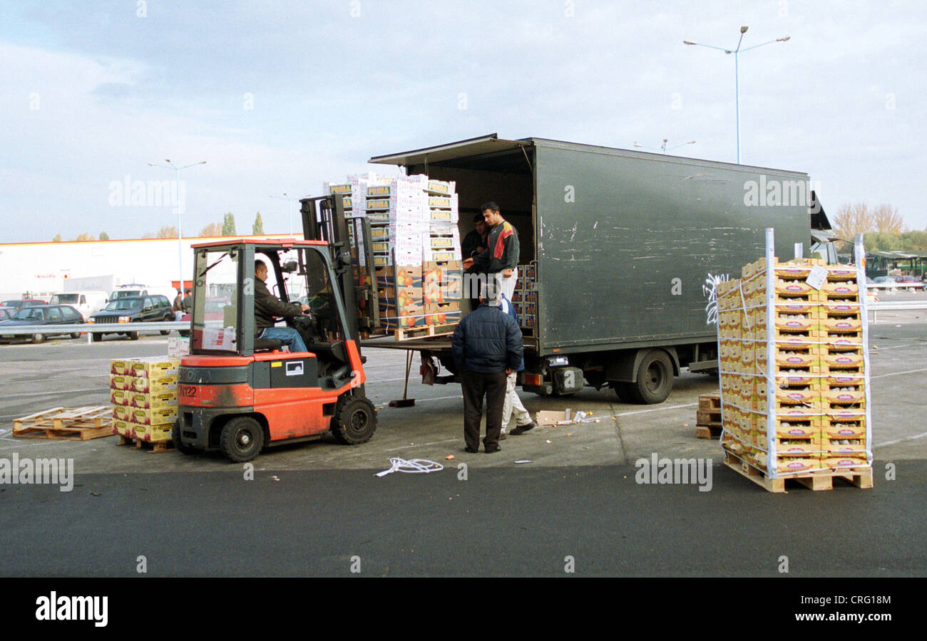 Berlin, Germany, loaded crates on Fruchthof Berlin Stock Photo - Alamy
