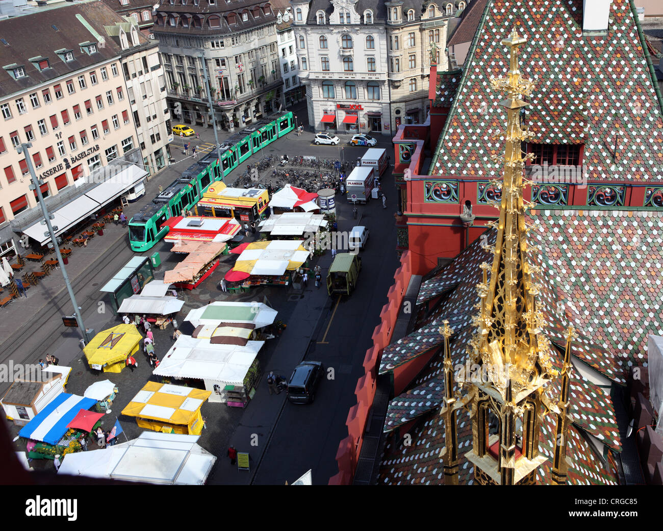 Basel market place seen from the top of the Town Hall, Switzerland ...