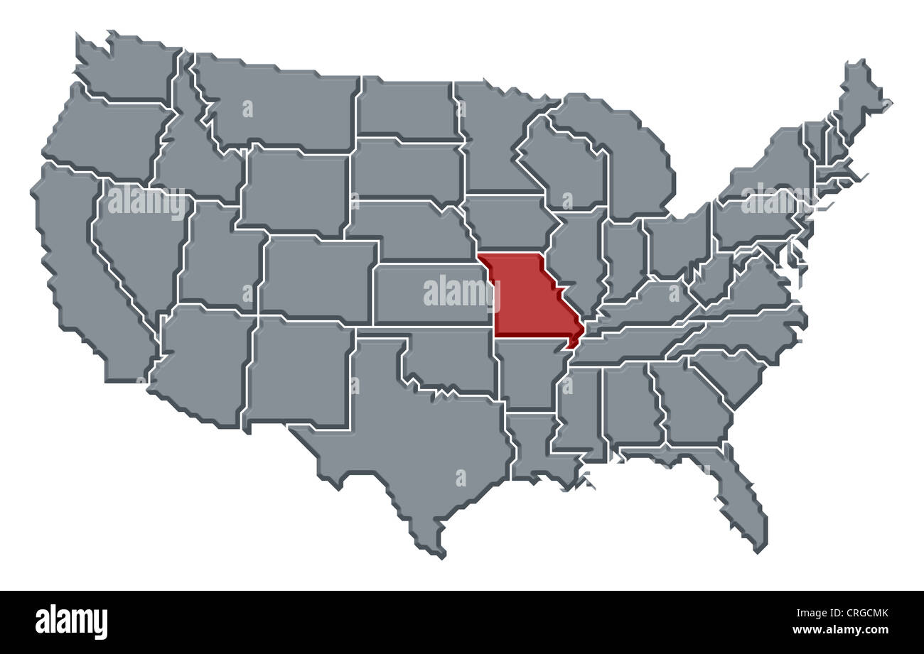 Political map of United States with the several states where Missouri ...