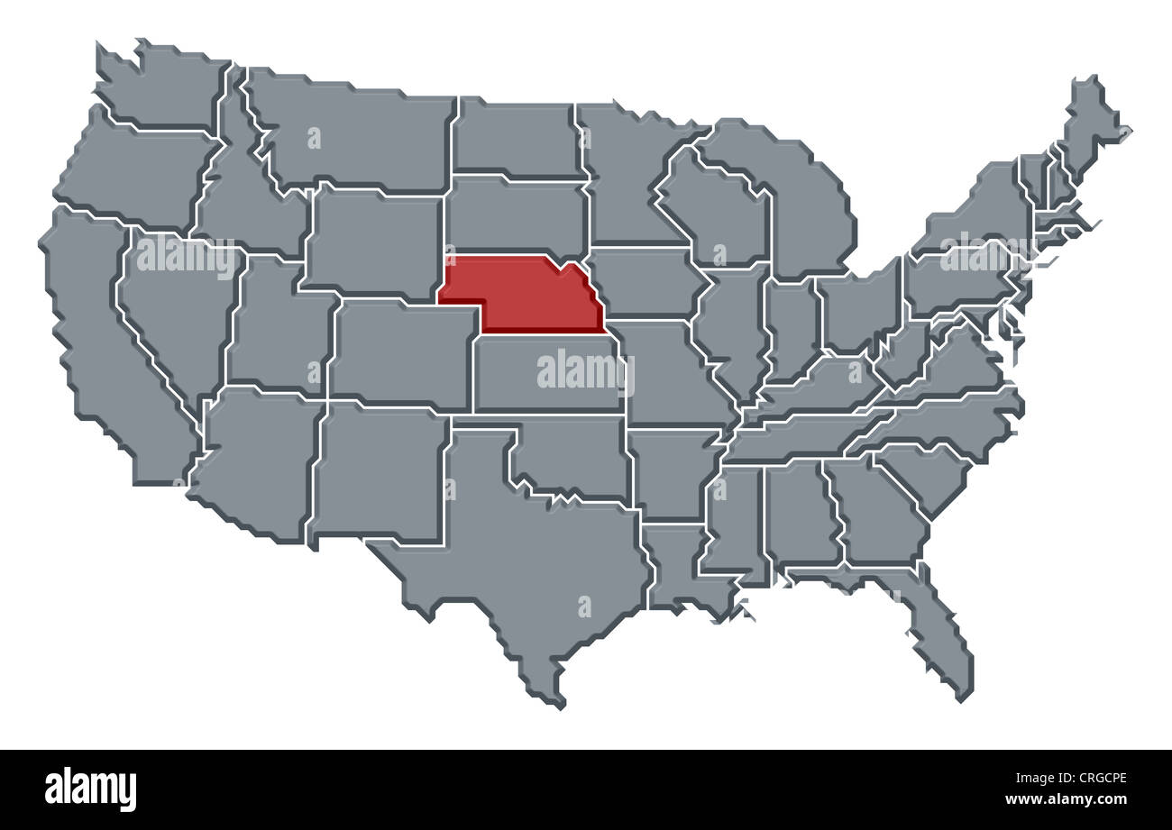 Political map of United States with the several states where Nebraska ...