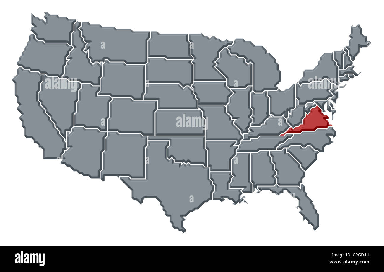 Political map of United States with the several states where Virginia ...