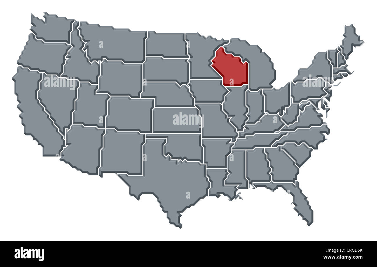 Political map of United States with the several states where Wisconsin ...