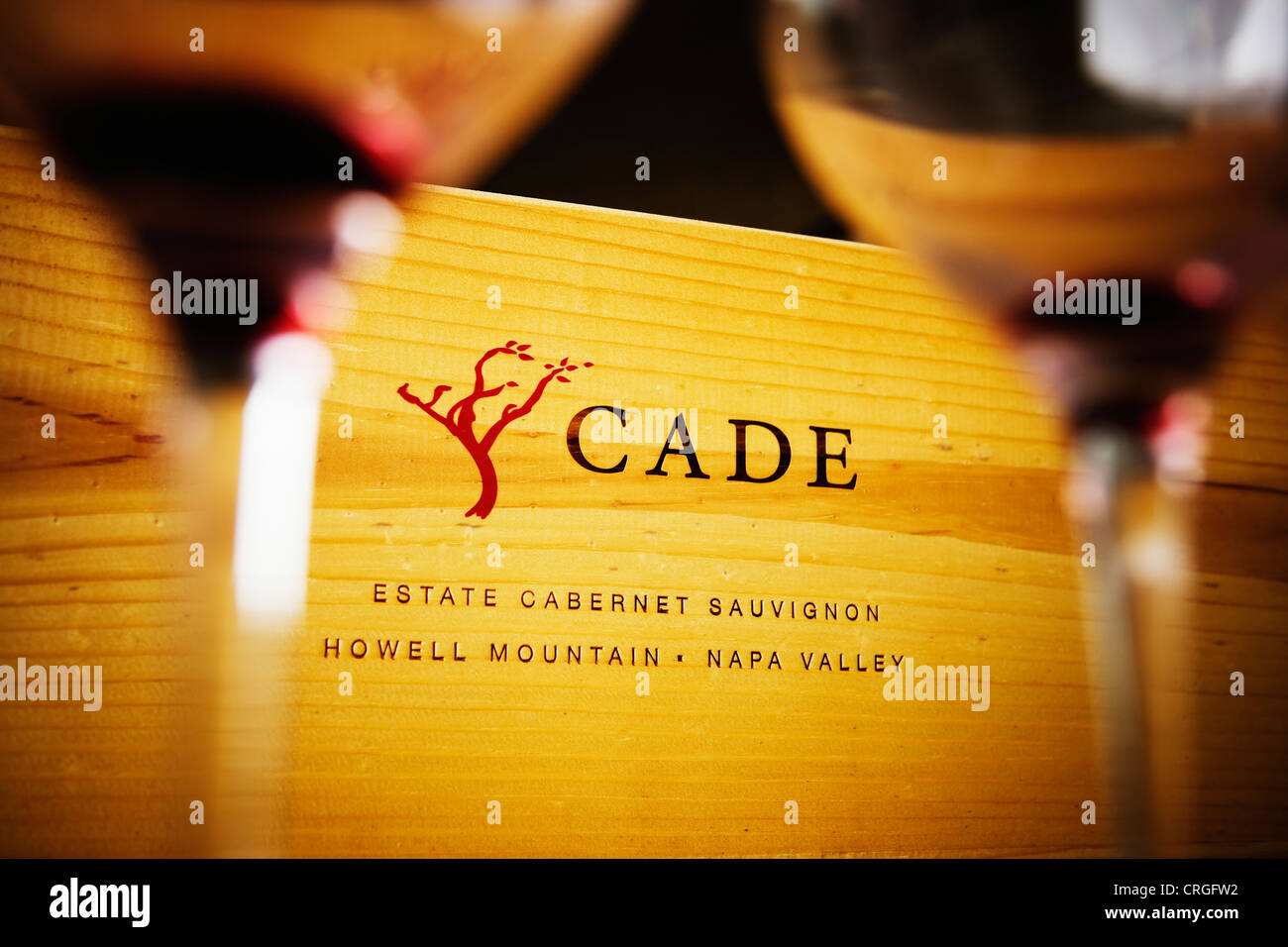 Cade Winery wooden box and empty wine glasses Stock Photo - Alamy