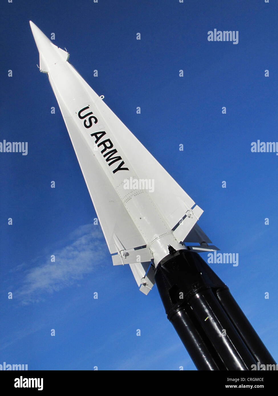Model of a US military rocket points into the blue sky, USA, New Mexico ...