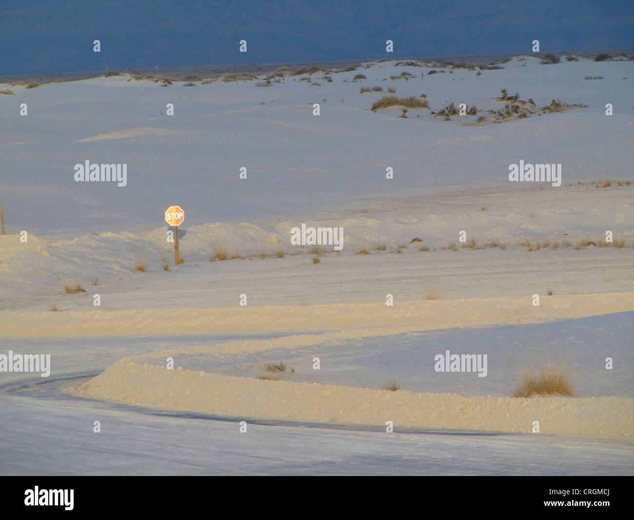 Street in white sand with street sign, USA, New Mexico, White Sands ...