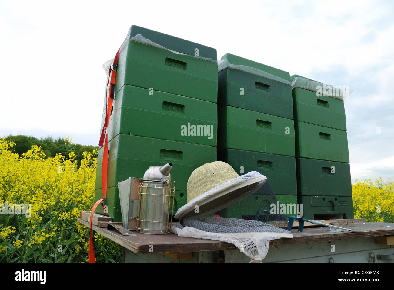 bee hives with hat, veil and bee smoker Stock Photo - Alamy