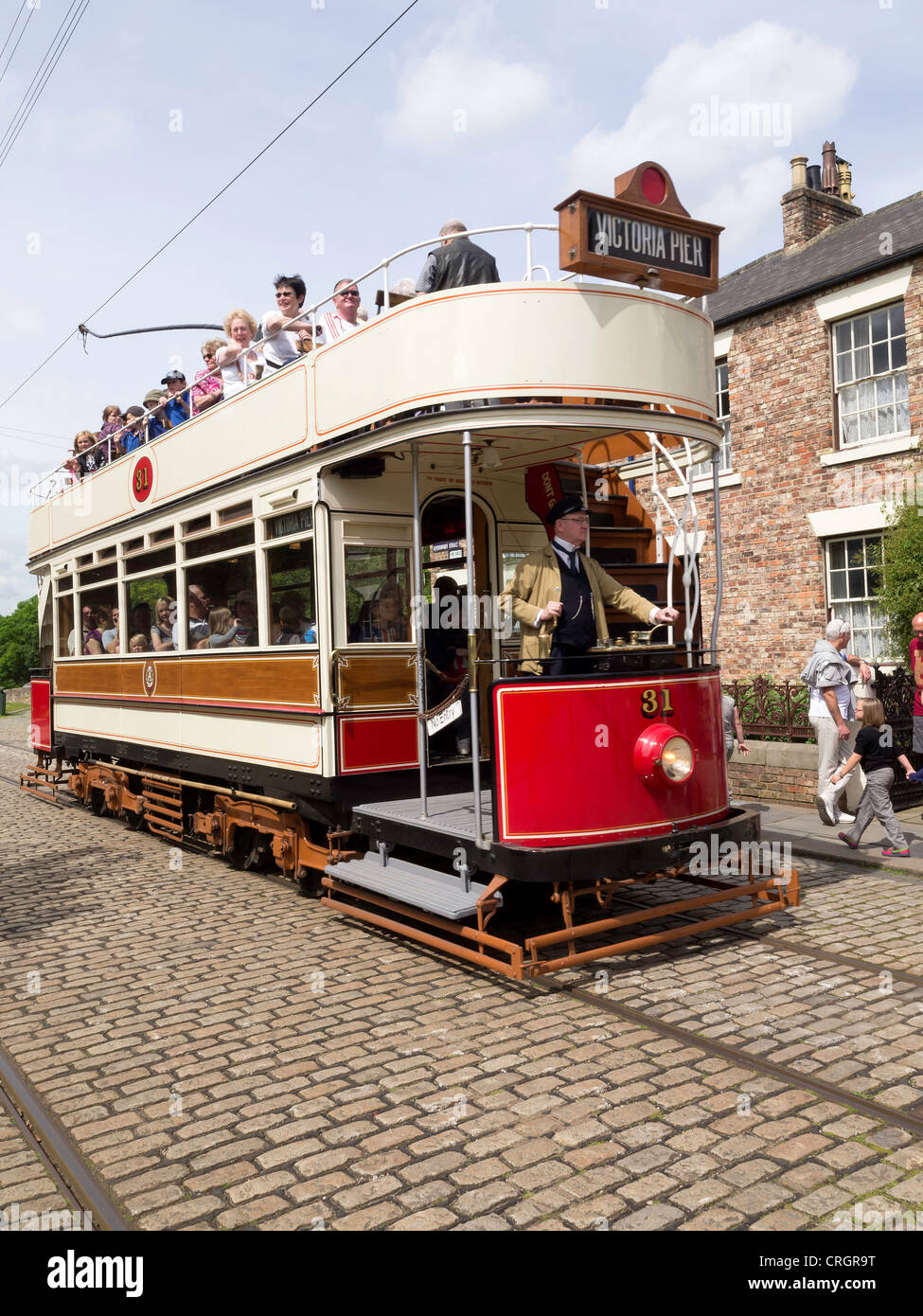 Restored open topped double decker Blackpool Tram arriving in the Town ...
