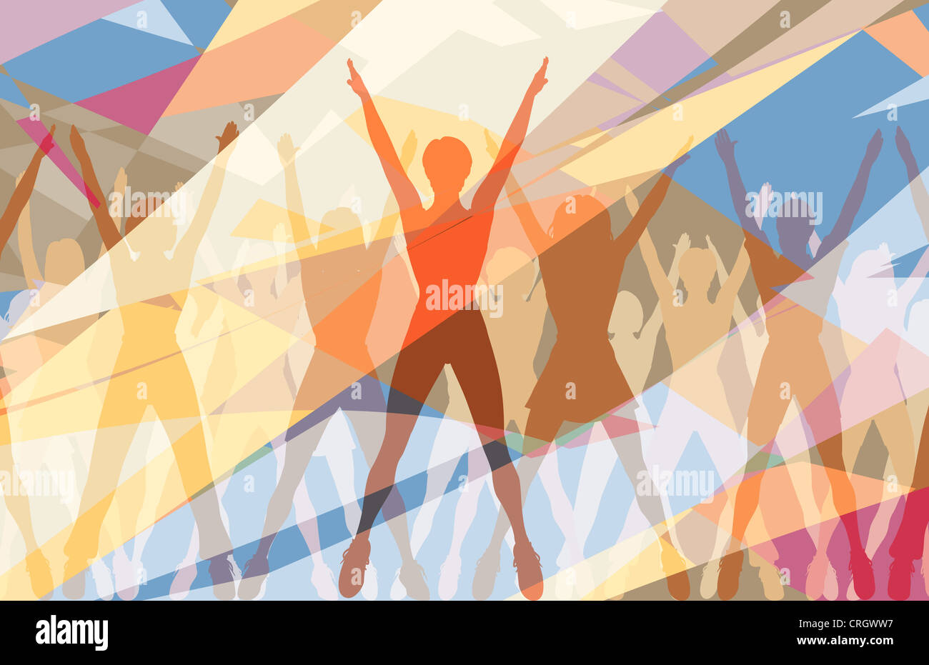 Colorful illustration of women doing aerobic dance exercise together ...