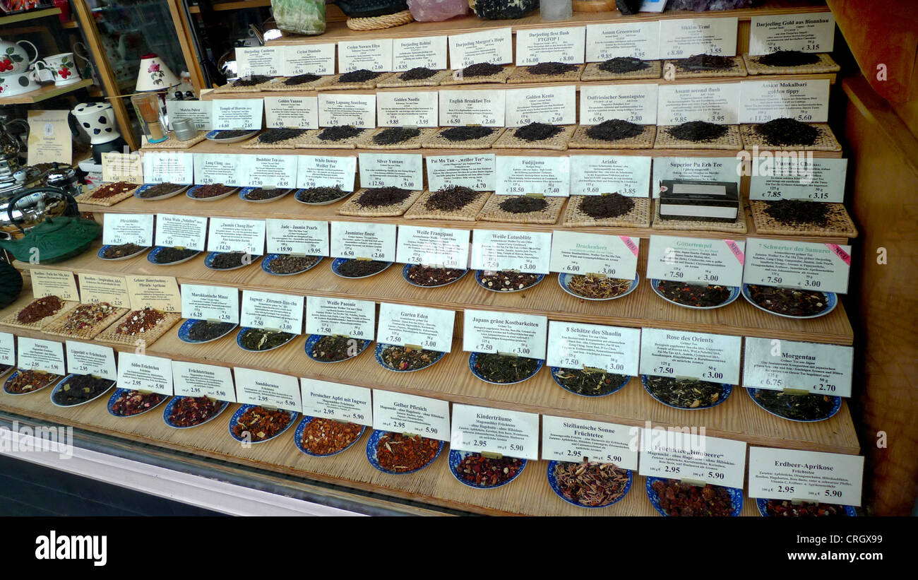 tea in dishes in display window, Germany Stock Photo - Alamy