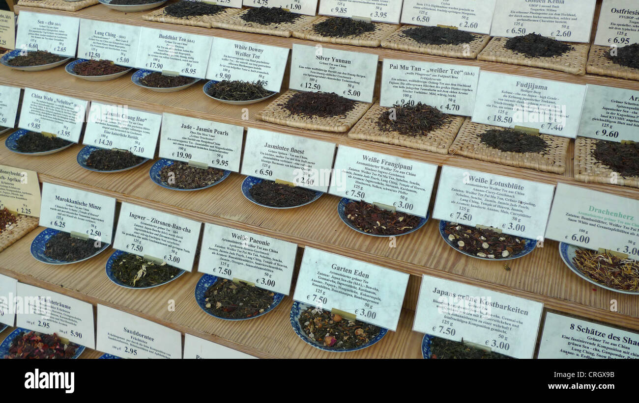 tea in dishes in display window, Germany Stock Photo - Alamy