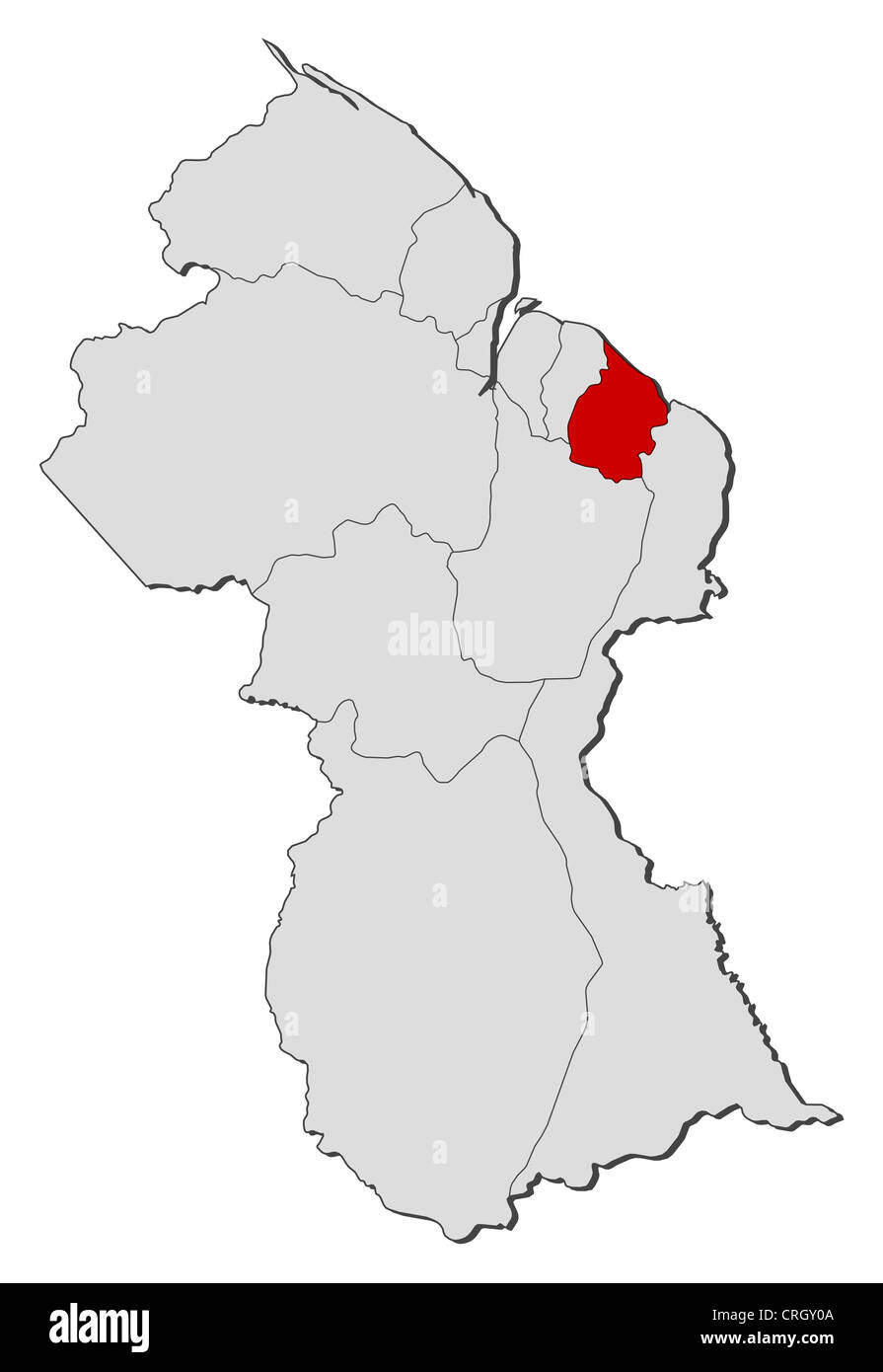 Political map of Guyana with the several regions where Essequibo ...