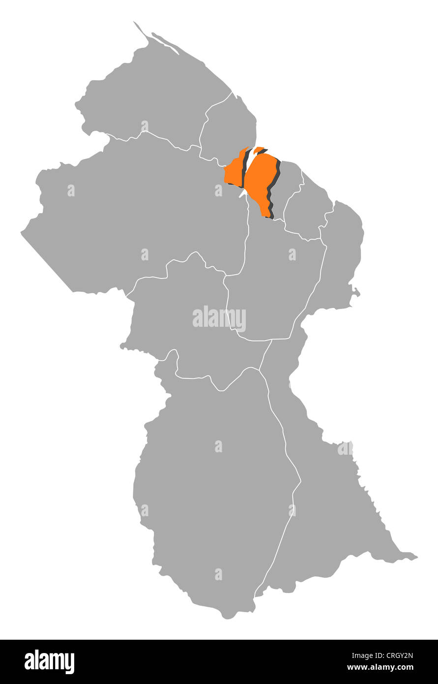 Political map of Guyana with the several regions where Demerara-Mahaica ...