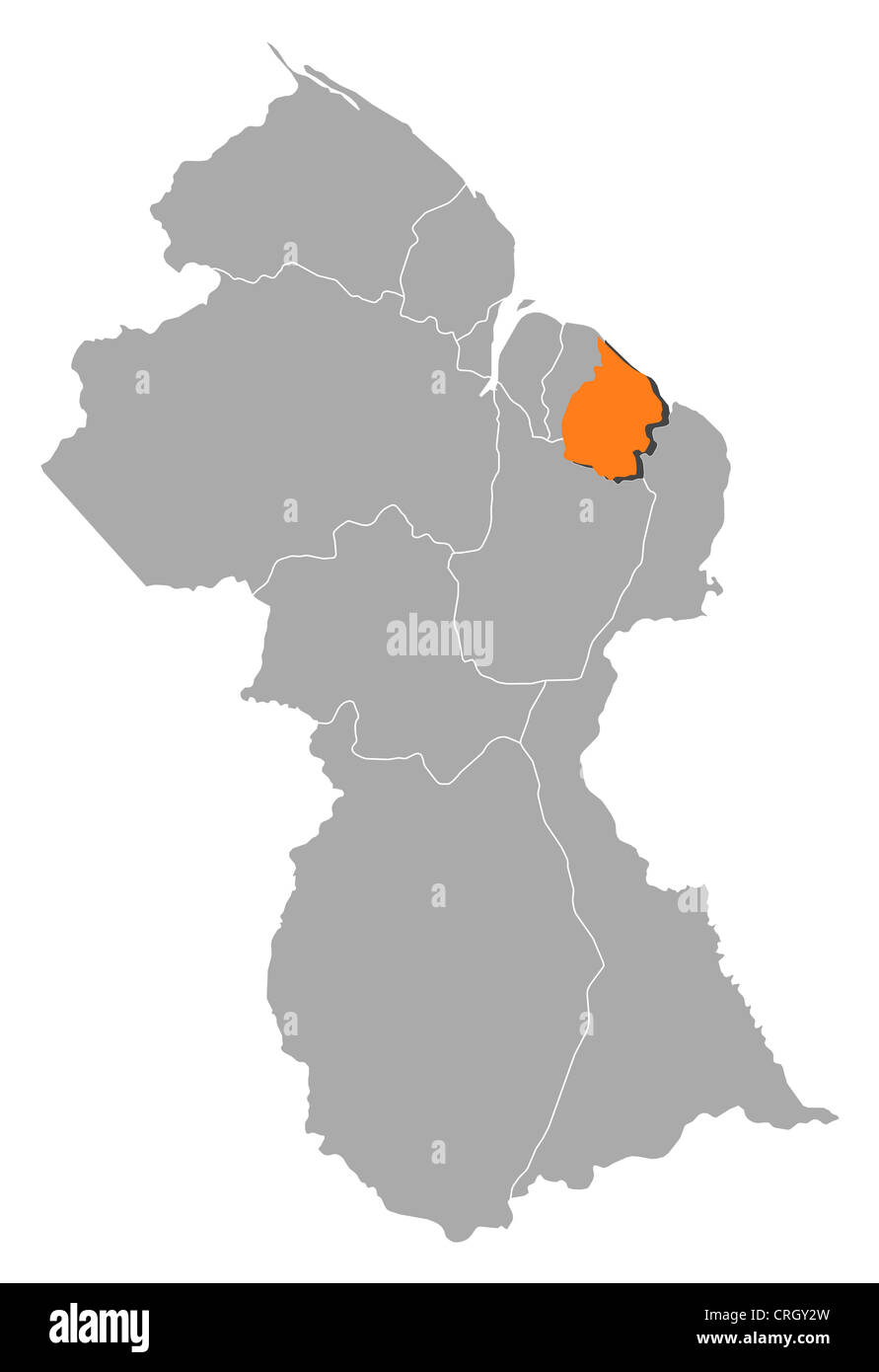 Political map of Guyana with the several regions where Essequibo ...