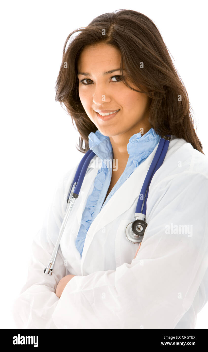 young attractive brown-haired female doctor with stethoscope, smiling ...