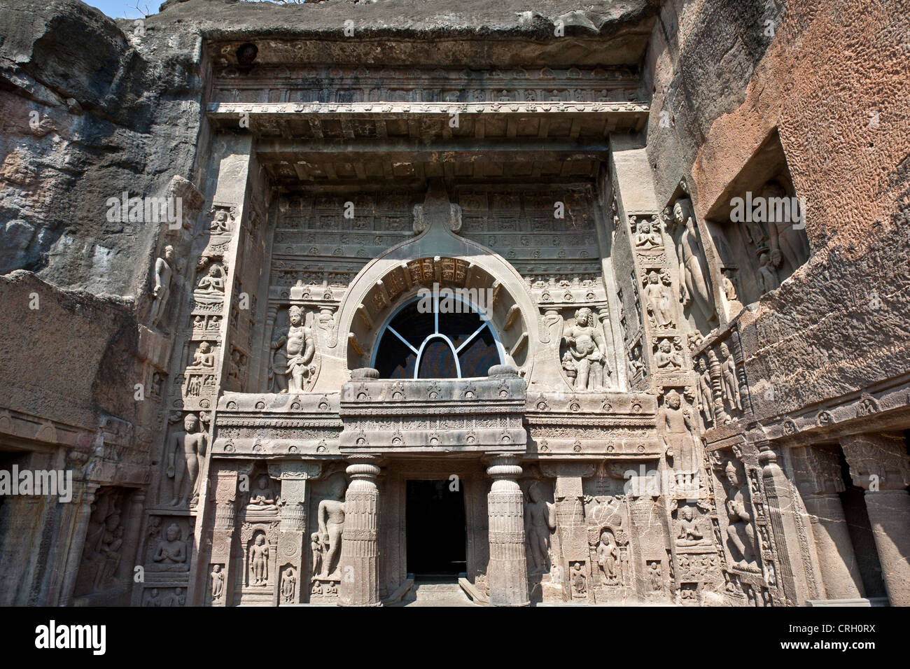 Temple carved on the rock. Ajanta caves. Maharashtra. India Stock Photo ...
