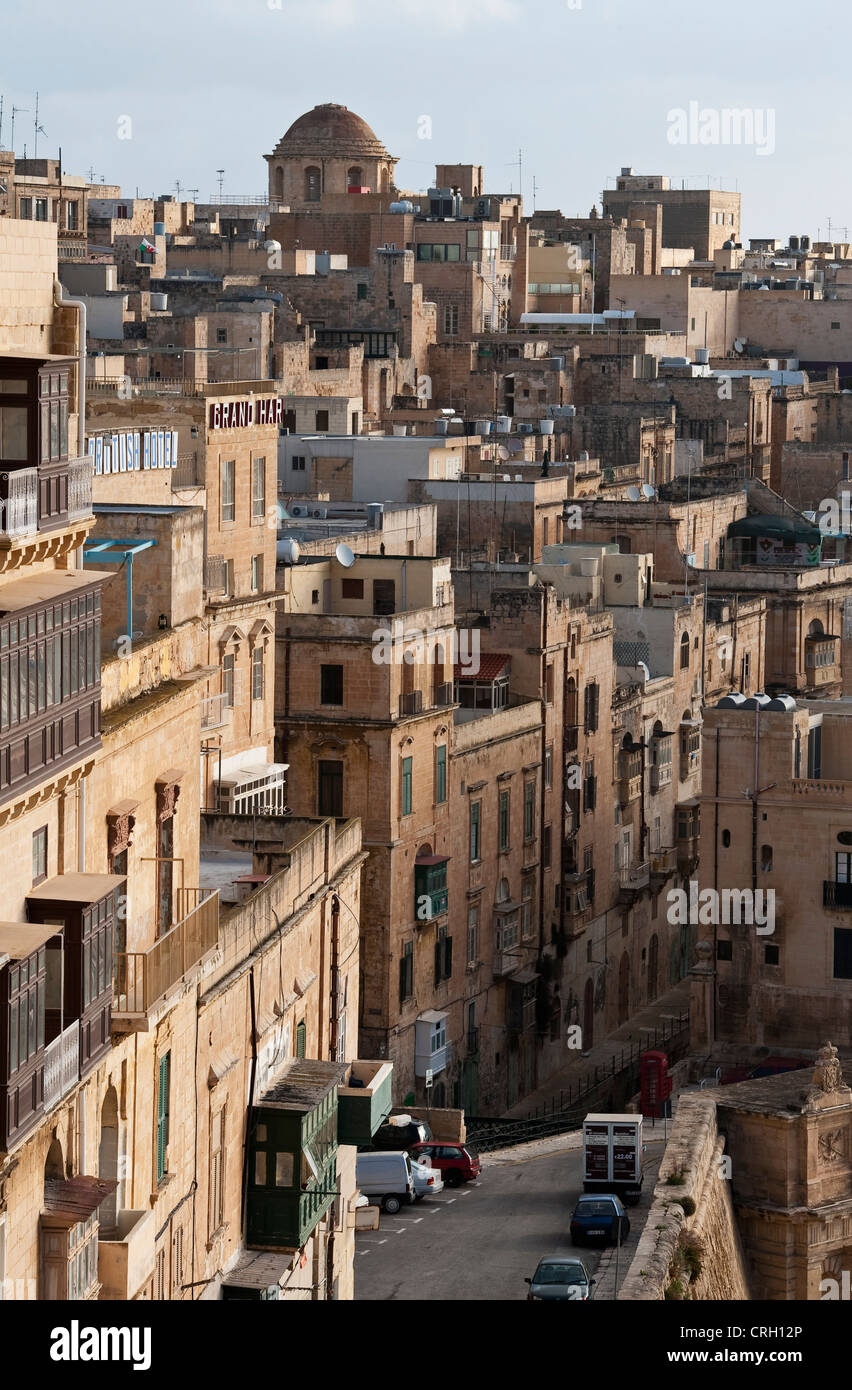A view of typical Maltese city houses seen from the Upper Barrakka ...