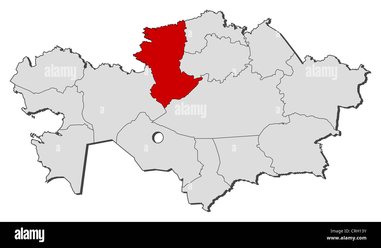 Political map of Kazakhstan with the several regions where Kostanay is ...