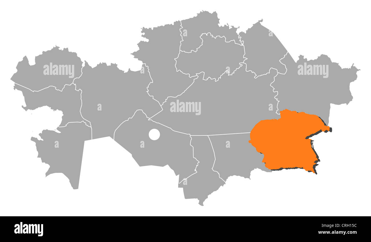 Political map of Kazakhstan with the several regions where Almaty is ...