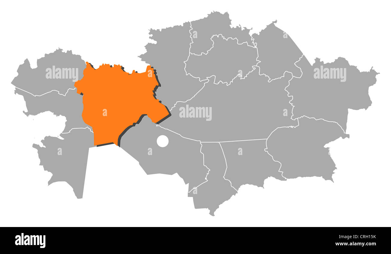 Political map of Kazakhstan with the several regions where Aktobe is ...
