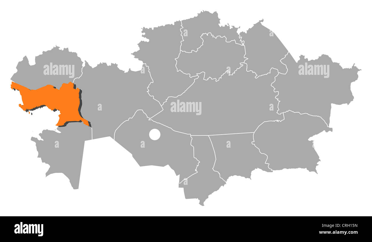 Political map of Kazakhstan with the several regions where Atyrau is ...
