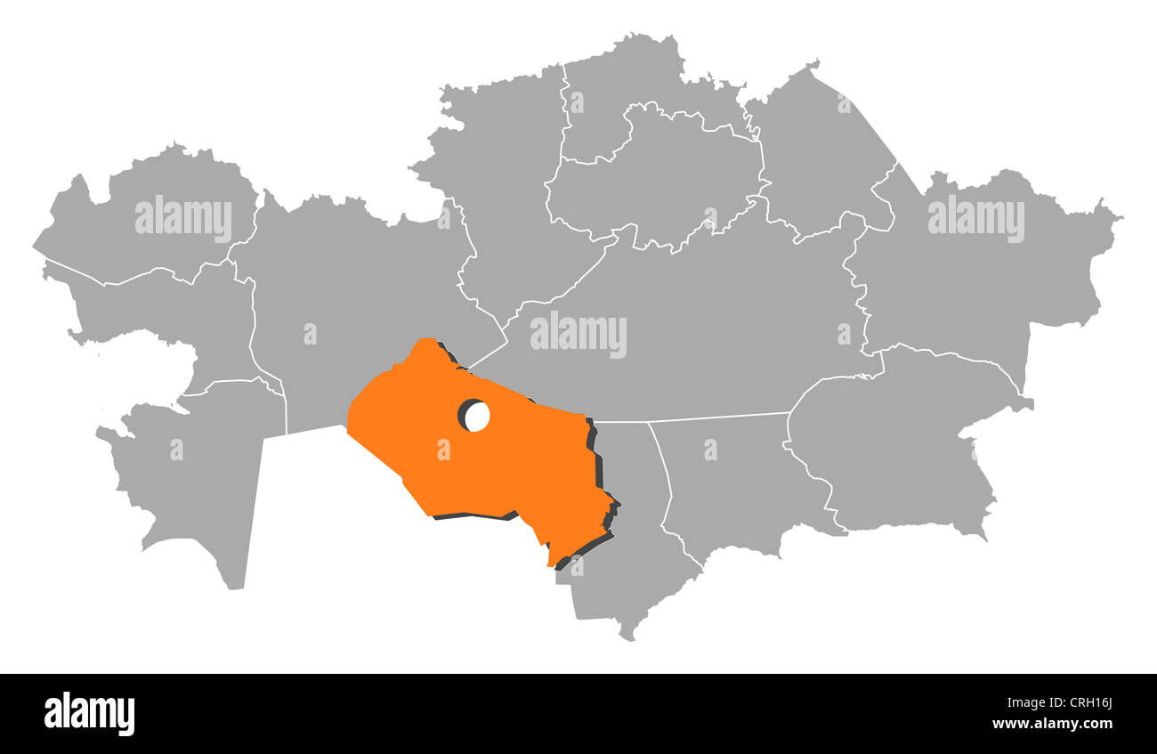 Political map of Kazakhstan with the several regions where Kyzylorda is ...