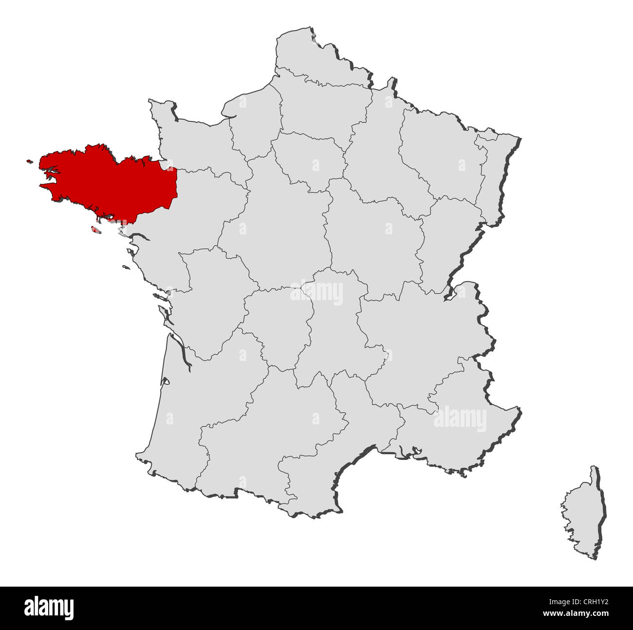 Political map of France with the several regions where Brittany is ...