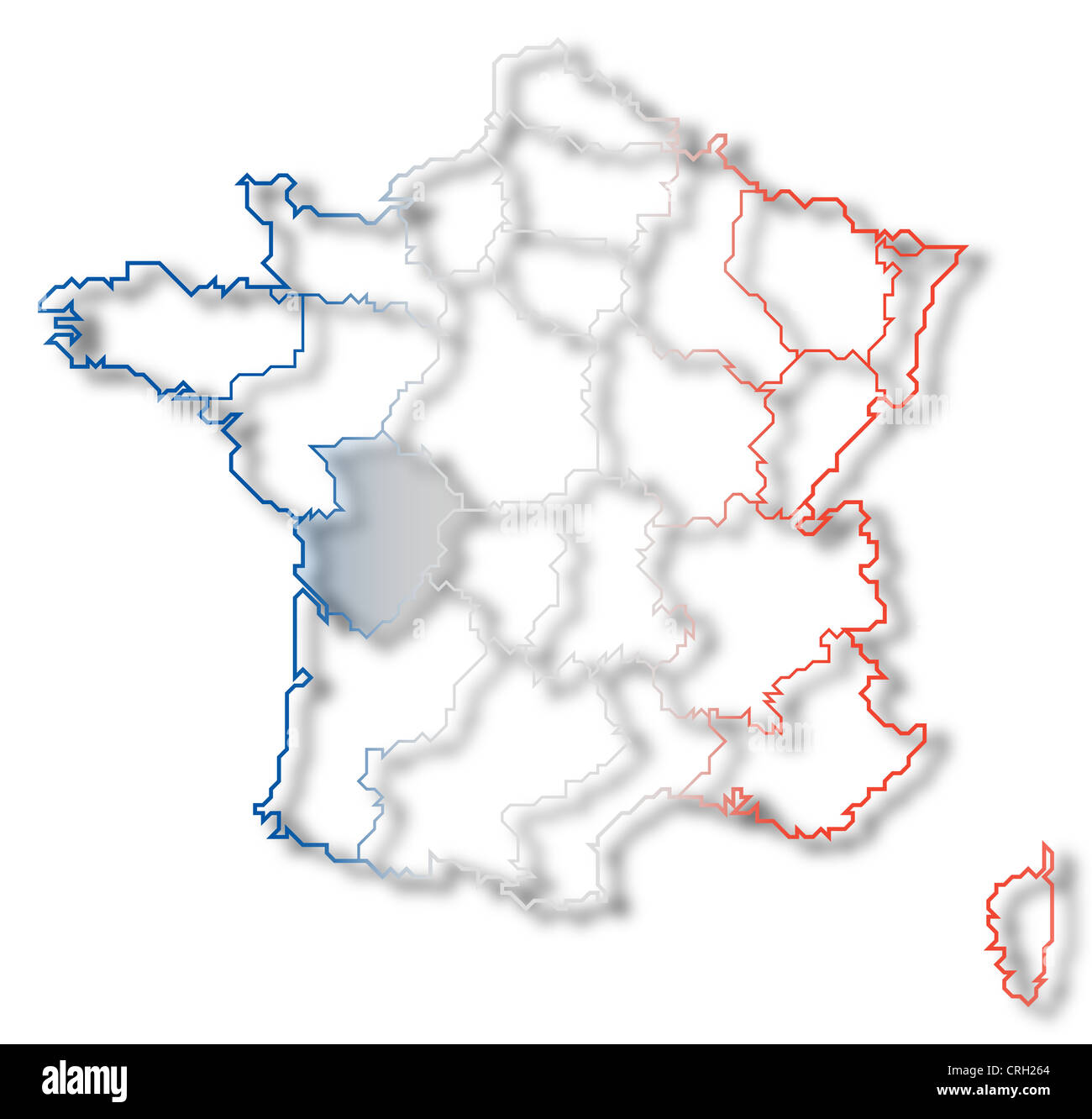 Political map of France with the several regions where Poitou-Charentes ...